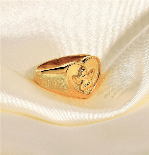 18K Gold Angel Ring Stamp Ring Signet Ring - Kawaii Peach