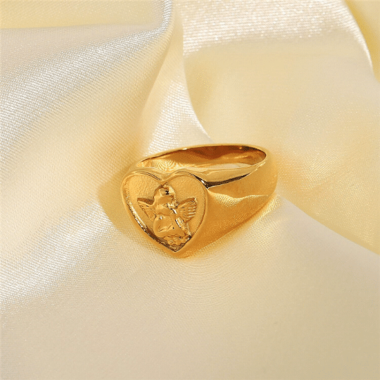 18K Gold Angel Ring Stamp Ring Signet Ring - Kawaii Peach