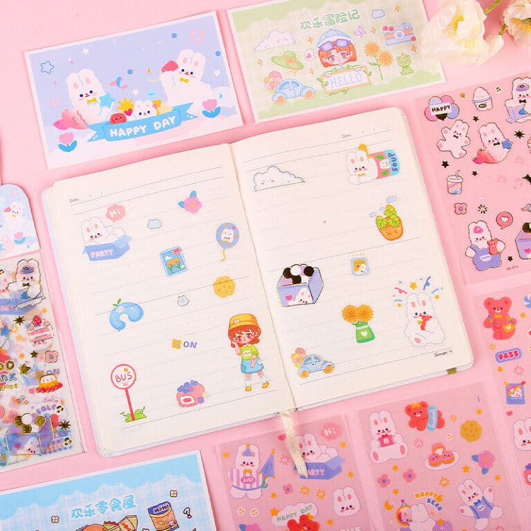 Kawaii Sticker Sheets 60Pcs + Kawaii Postcard - Kawaii Peach