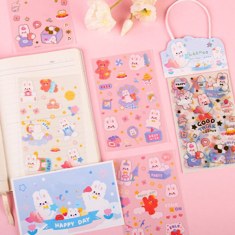 Kawaii Sticker Sheets 60Pcs + Kawaii Postcard - Kawaii Peach